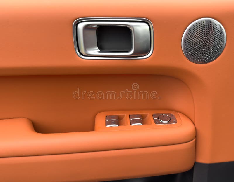 Car Door Handle Inside the Luxury Modern Car with Brown Leather. Switch ...