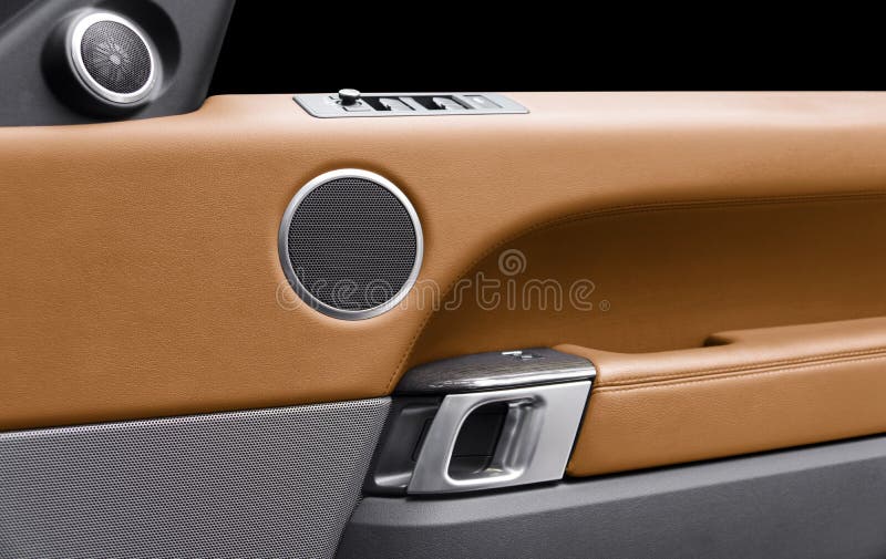 Car Door Handle Inside the Luxury Modern Car with Brown Leather Texture ...