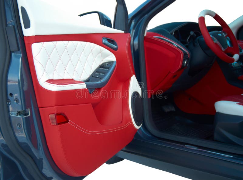 Car Doors. Car Interior Details. White Red Leather with Stitching Stock ...