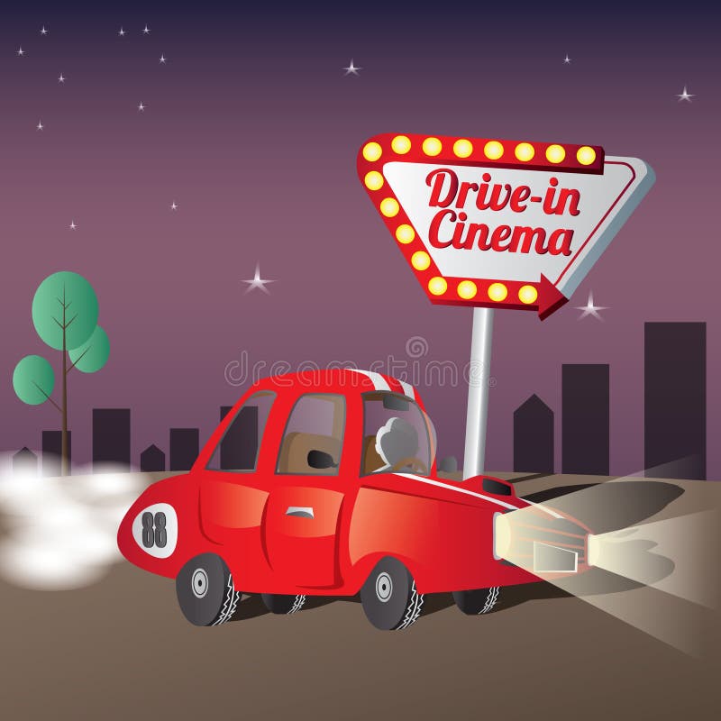 Drive-in Cinema. Open Space Auto Theater with Cartoon Glowing White ...