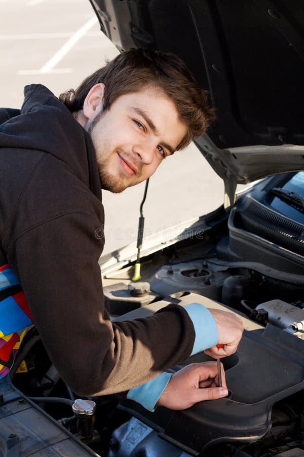 Car Driver Examining the Car S Engine Stock Image - Image of service ...