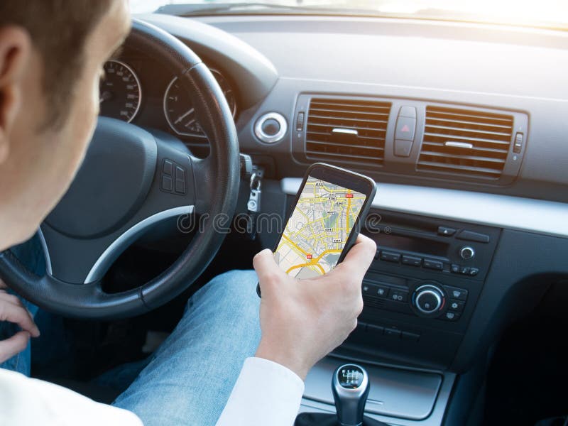 Car Driver Using a Gps Mobile App Stock Photo - Image of cellphone ...