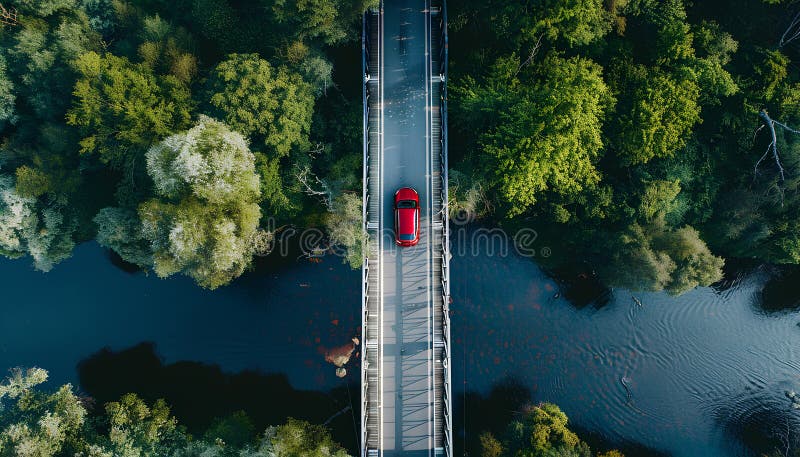 Car Drives Along an Openwork Bridge Over River, Top View Stock ...
