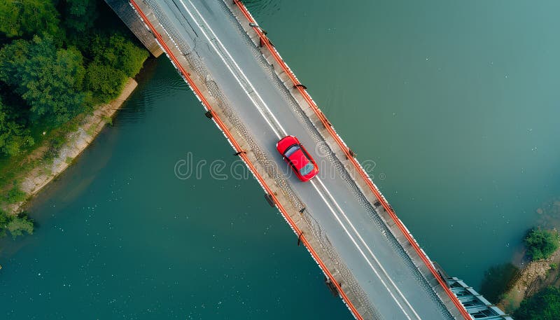 Car Drives Along an Openwork Bridge Over River, Top View Stock ...