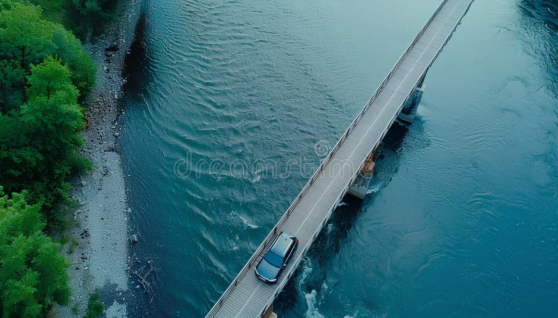 Car Drives Along an Openwork Bridge Over River, Top View Stock ...