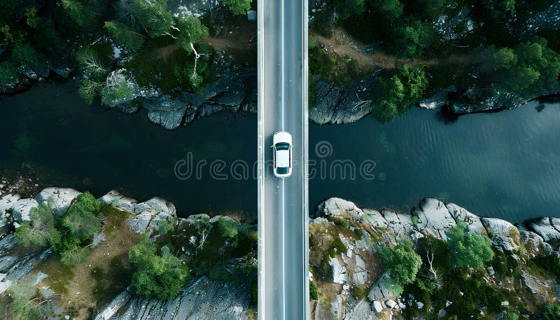 Car Drives Along an Openwork Bridge Over River, Top View Stock ...