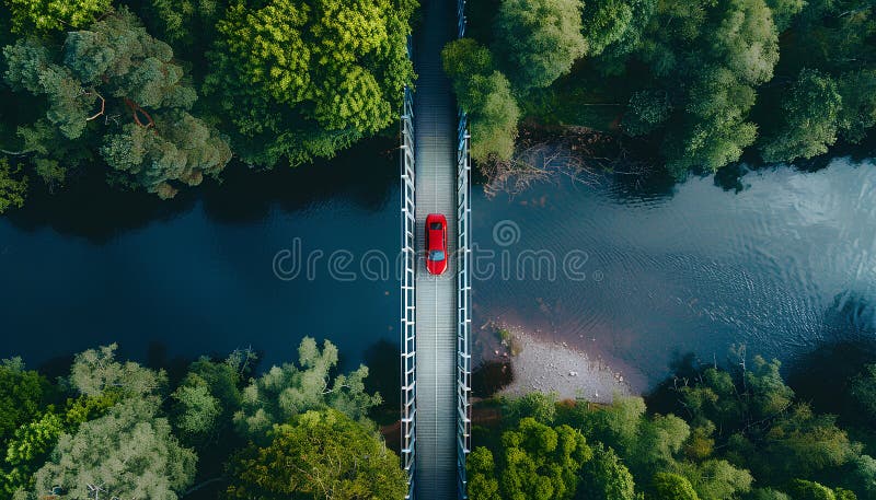Car Drives Along an Openwork Bridge Over River, Top View Stock ...