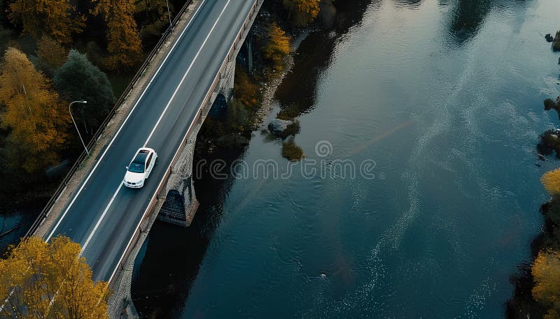 Car Drives Along an Openwork Bridge Over River, Top View Stock ...