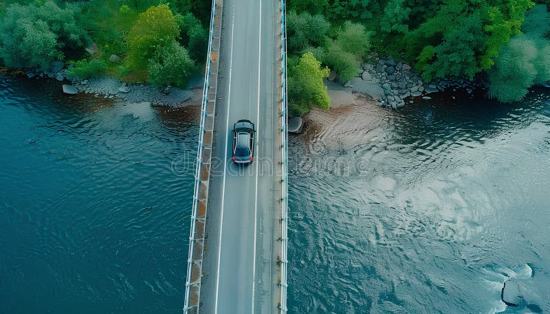 Car Drives Along an Openwork Bridge Over River, Top View Stock ...
