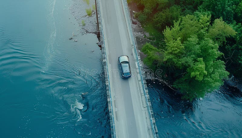 Car Drives Along an Openwork Bridge Over River, Top View Stock ...