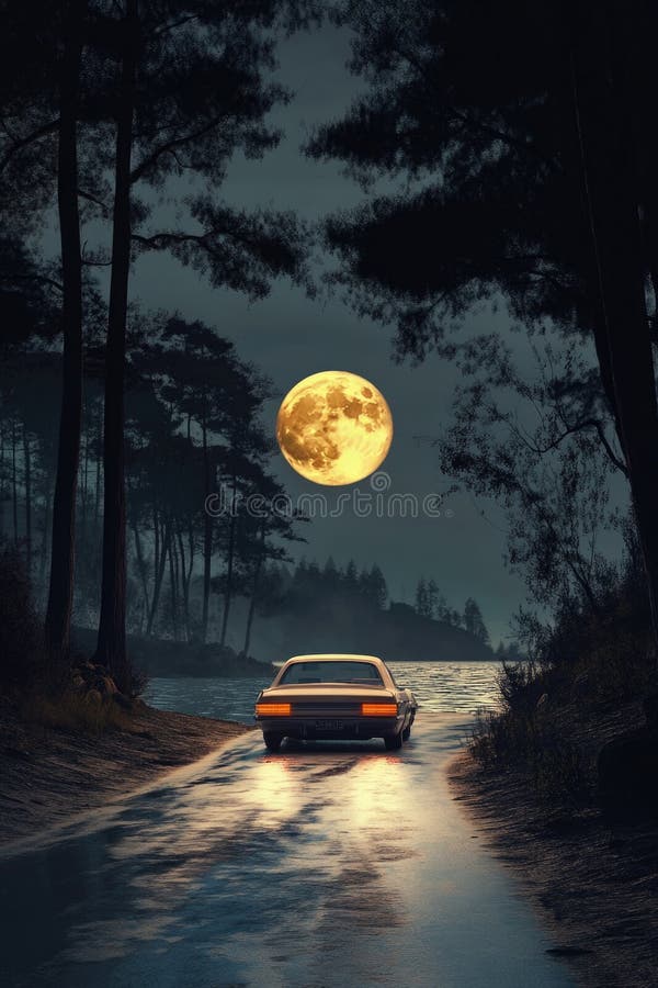 A Car Drives Along a Road at Night, Illuminated by the Bright Full Moon ...