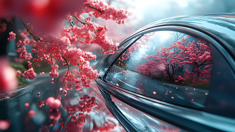 Car Drives through Cherry Blossom Road, Spring Stock Illustration ...