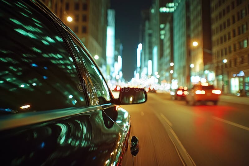 A Car Drives through the City at Night, with Bright Lights and Traffic ...