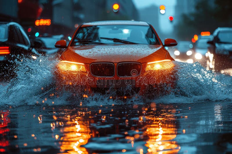 Car Drives through a Deep Puddle on a Flooded Street. Stock Image ...