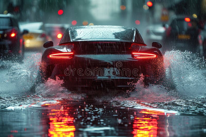 Car Drives through a Deep Puddle on a Flooded Street. Stock Photo ...
