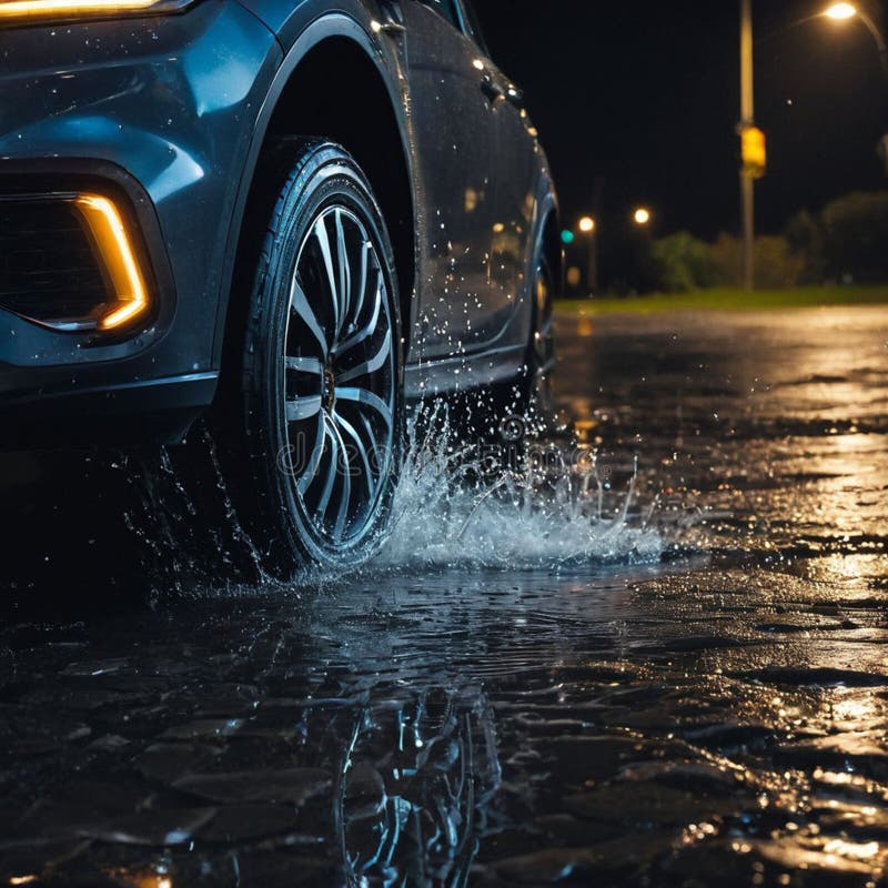 The Car Drives through a Puddle and Gets Splashed with Water Stock ...