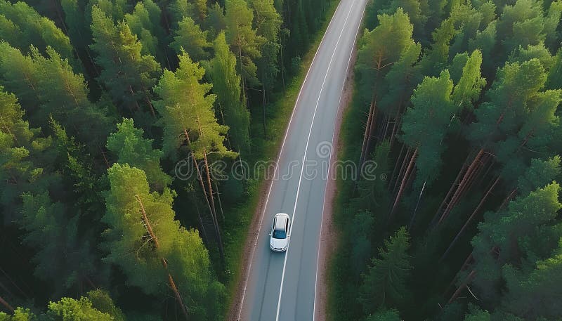 Car Driving Along an Asphalt Road in the Forest Top View Stock ...