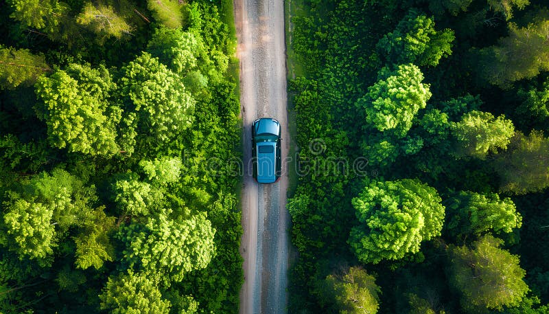 Car Drives Along an Asphalt Road in a Field, Top View Stock ...