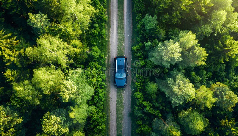 Car Drives Along an Asphalt Road in a Field, Top View Stock ...