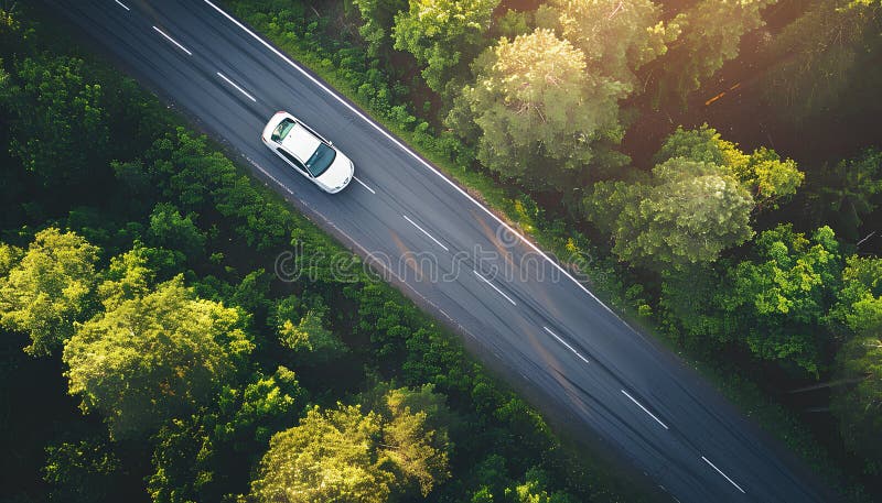 Car Drives Along an Asphalt Road in a Field, Top View Stock ...