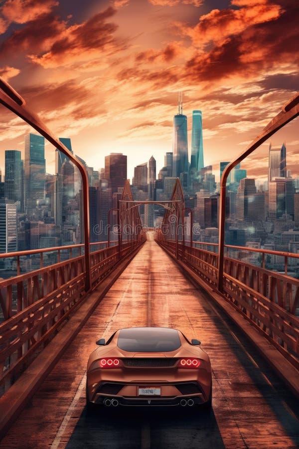 Car Driving on a Bridge with a City Skyline Stock Illustration ...