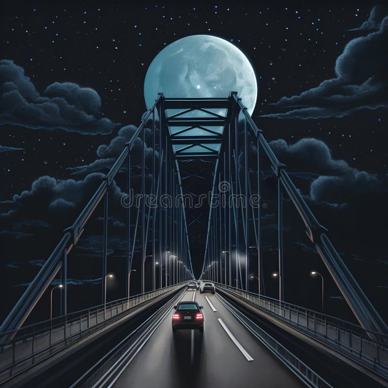Car Driving on the Bridge at Night with Full Moon. 3d Rendering Stock ...