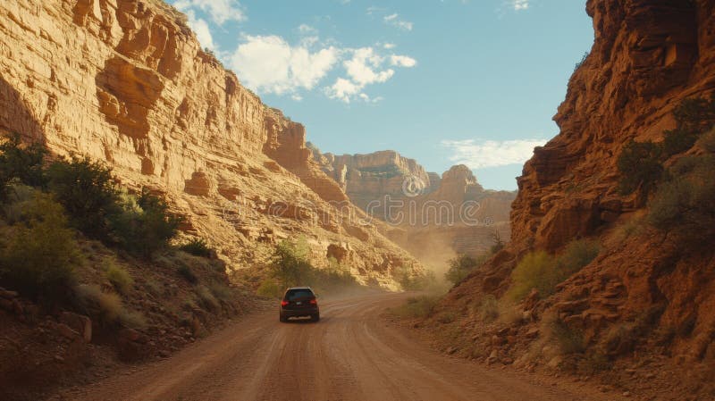 A Car Driving through a Canyon with Red Rock Walls Stock Illustration ...