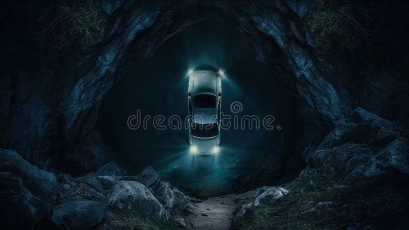 A Car is Driving through a Cave with Lights on, AI Stock Image - Image ...