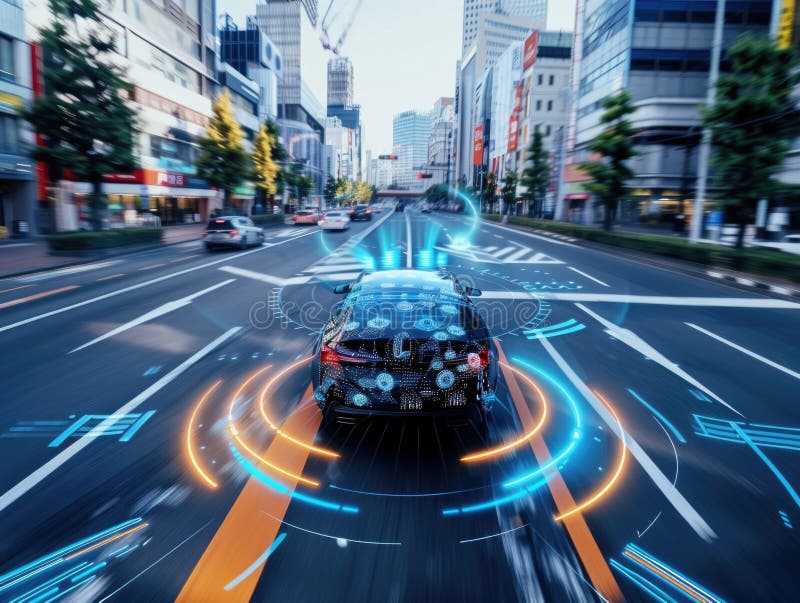 Car Driving on City Street with Futuristic Interface Stock Photo ...