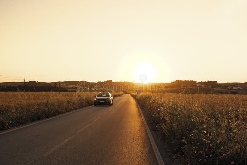 Car Driving through the Corn Fields at Twilight Stock Photo - Image of ...