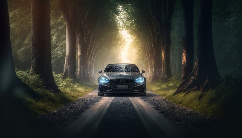 Car Driving in the Dark Forest. Generative AI Stock Illustration ...
