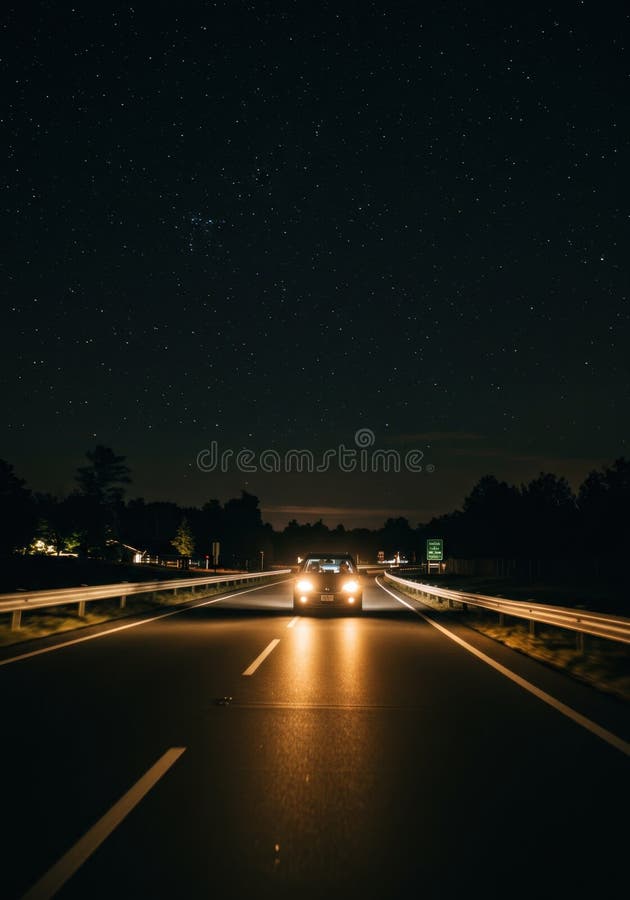 Car Driving Dark Highway Under Starry Night Sky Stock Photos - Free ...