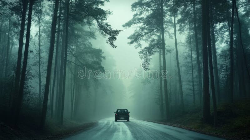 A Car Driving through a Dense, Foggy Forest Stock Illustration ...