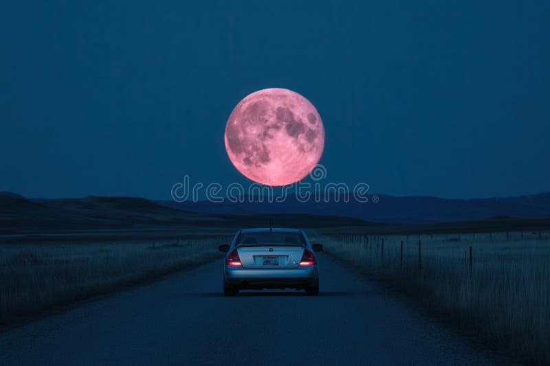 Car Driving on Desolate Road at Night Under Pink Full Moon Stock Photo ...
