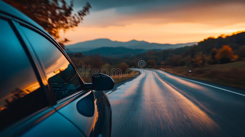 A Car Driving Down a Country Road at Sunset Stock Image - Image of ...