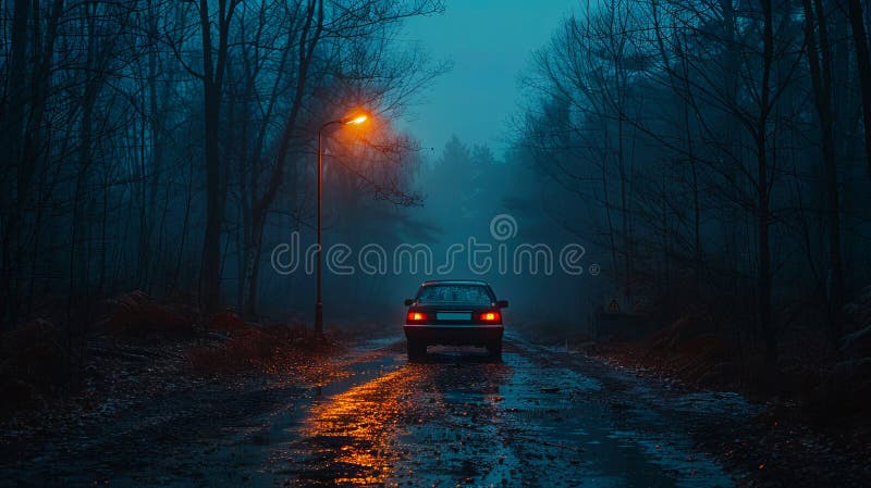 A Car Driving Down a Dark Road in the Woods Stock Photo - Image of ...