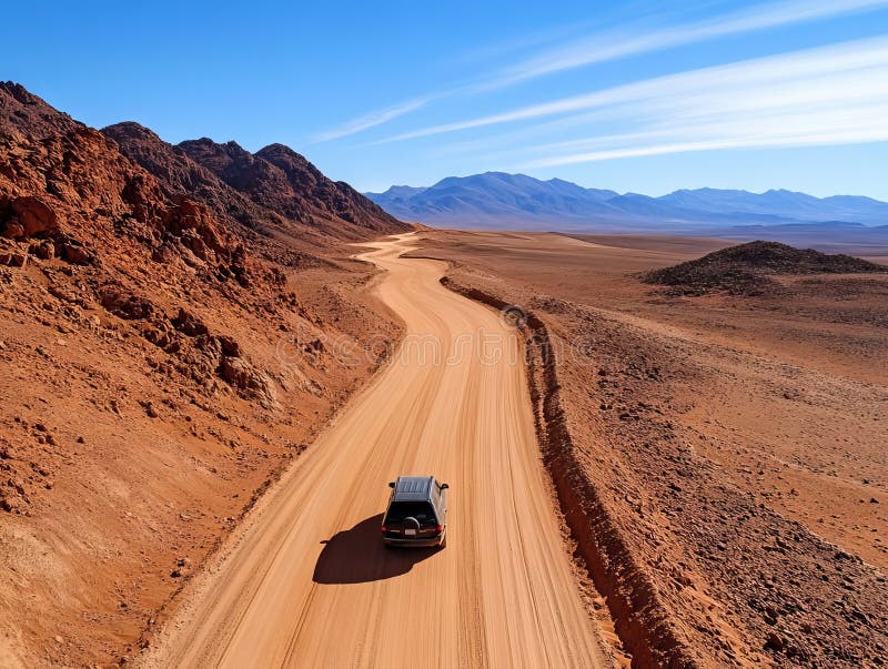 A Car Driving Down a Dirt Road in the Middle of a Desert Stock Photo ...