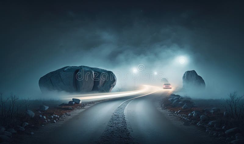 A Car Driving Down a Foggy Road with a Rock Formation in the Middle of ...