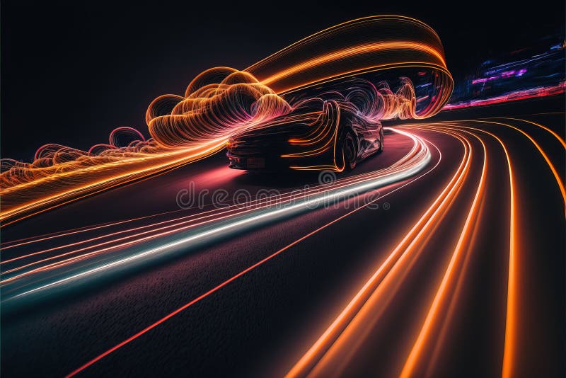 A Car Driving Down a Highway with Bright Lights on it S Side and a ...