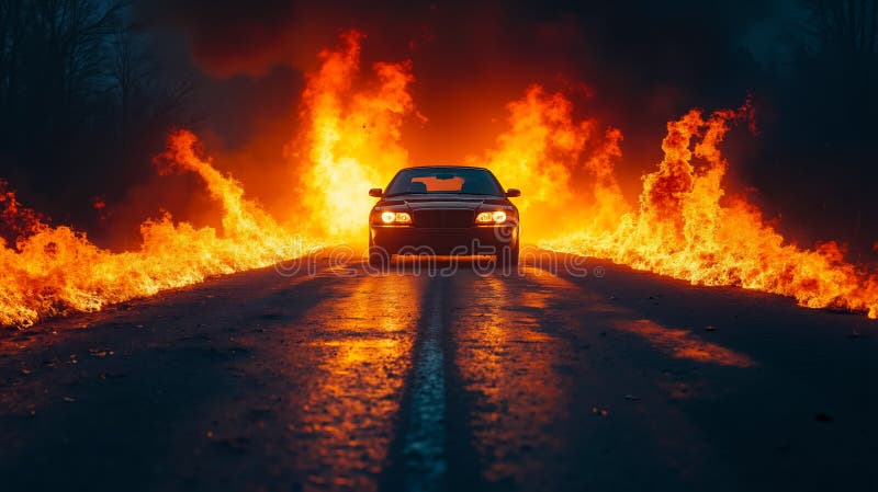 A Car Driving Down a Road in Front of a Fire Stock Photo - Image of ...