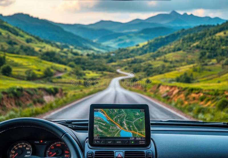 A Car is Driving Down a Road with a Large Mountain Range in the ...