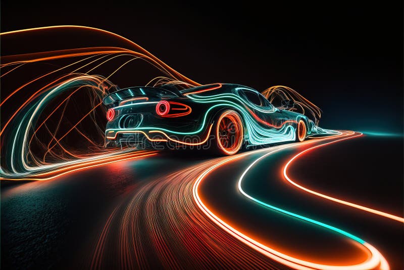 A Car Driving Down a Road with Neon Lights on it S Side and a Tunnel of ...