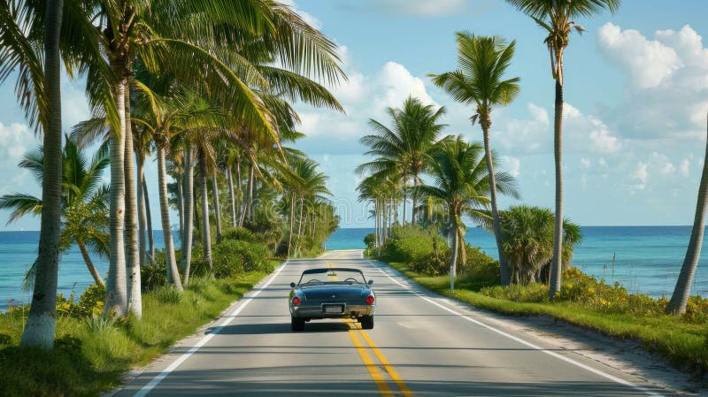 A Car is Driving Down a Road Next To a Palm Tree Lined Beach Stock ...