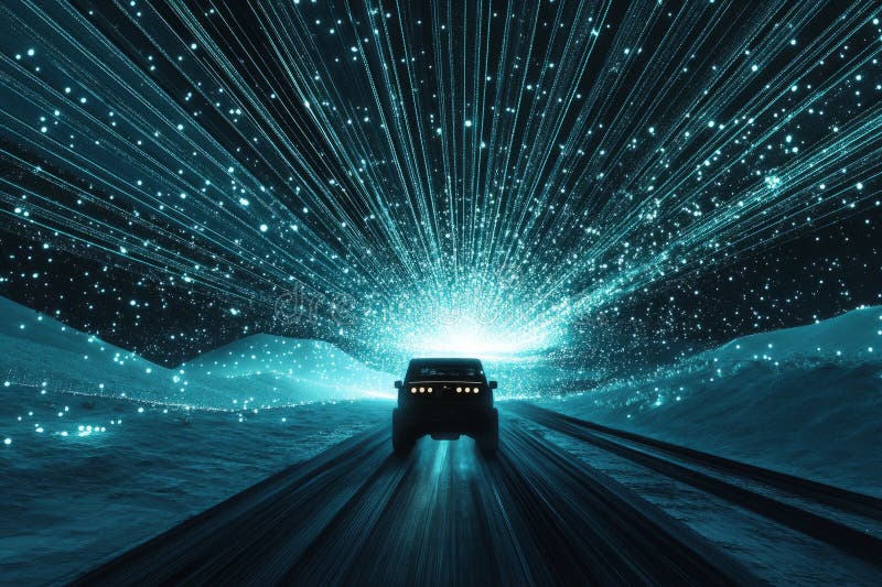 A Car is Driving Down a Road in the Night Sky Stock Illustration ...