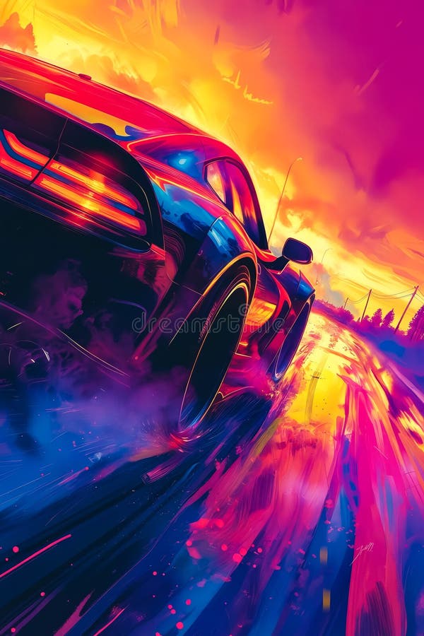 A Car Driving Down a Road with a Sunset in the Background. Generative ...