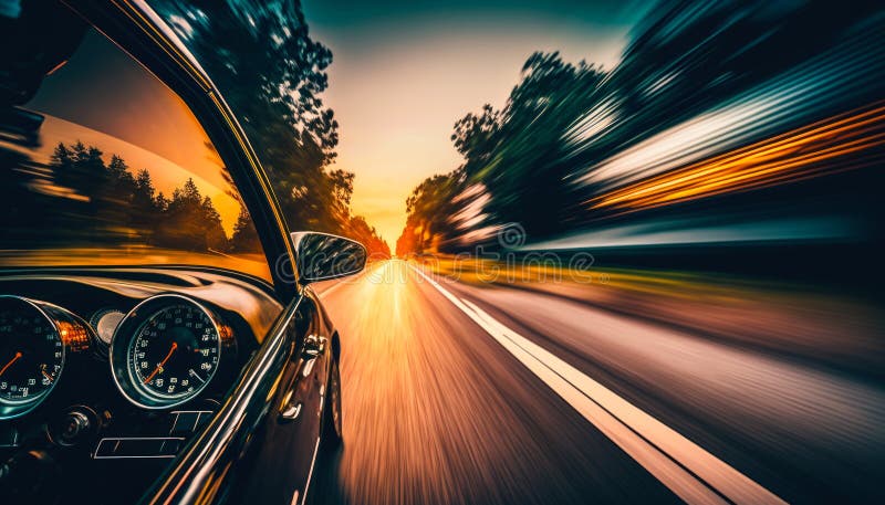 Car Driving Down the Road at Sunset. Generative AI Stock Illustration ...