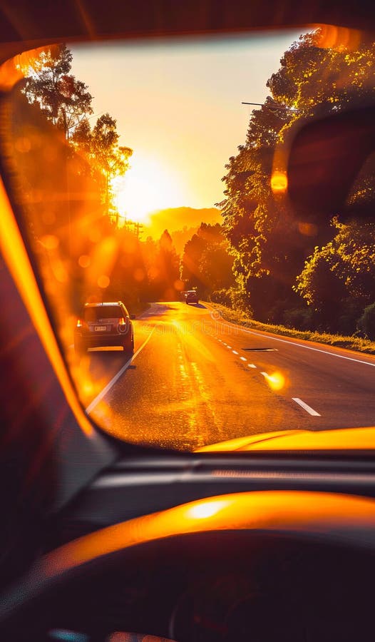 A Car Driving Down a Road at Sunset through a Rear View Mirror Stock ...