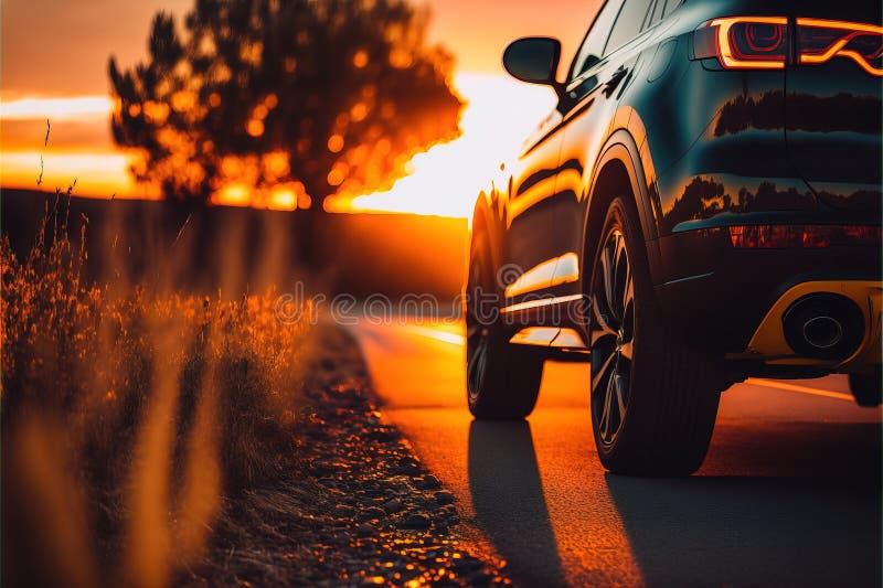 A Car Driving Down a Road at Sunset with the Sun Setting in the ...