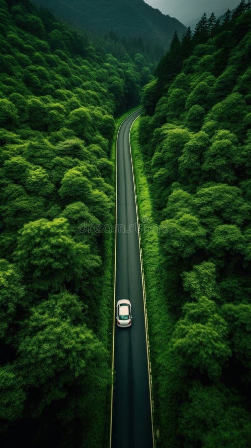 A Car Driving Down a Road Surrounded by Lush Green Trees. Generative AI ...