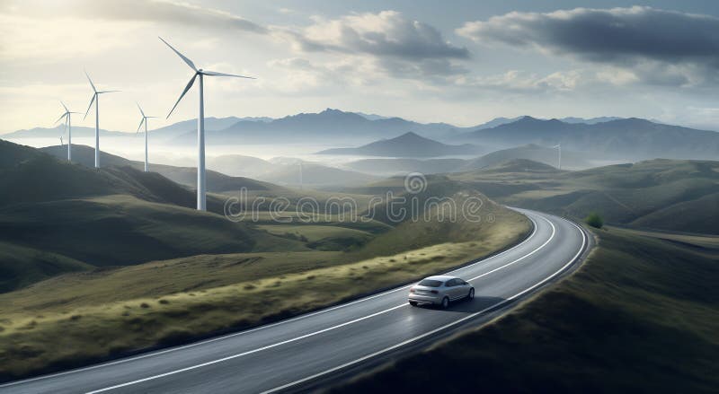 Car Driving Down Road with Wind Turbines in Background Stock Photo ...